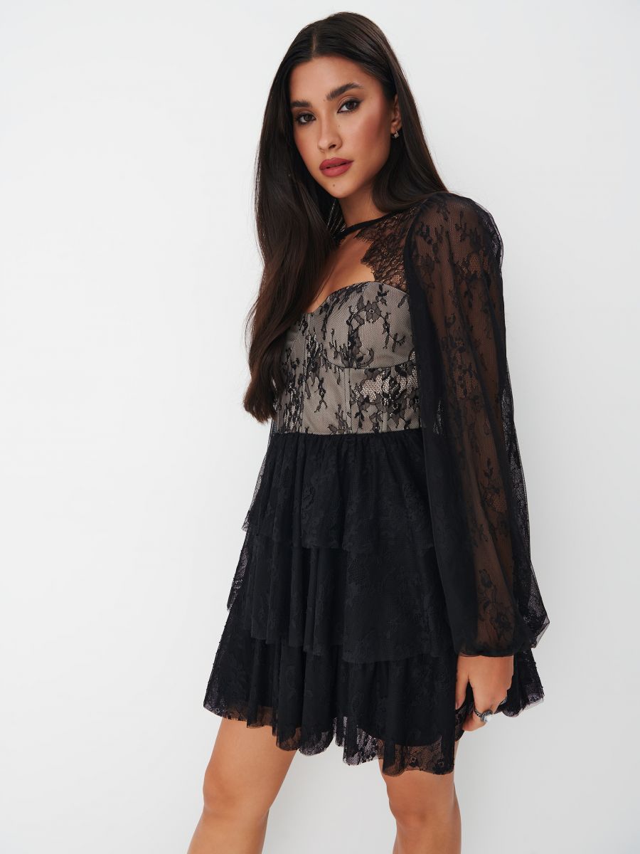 Rochie mini, cu dantelă culoare Negru - MOHITO - 7047Y-99X